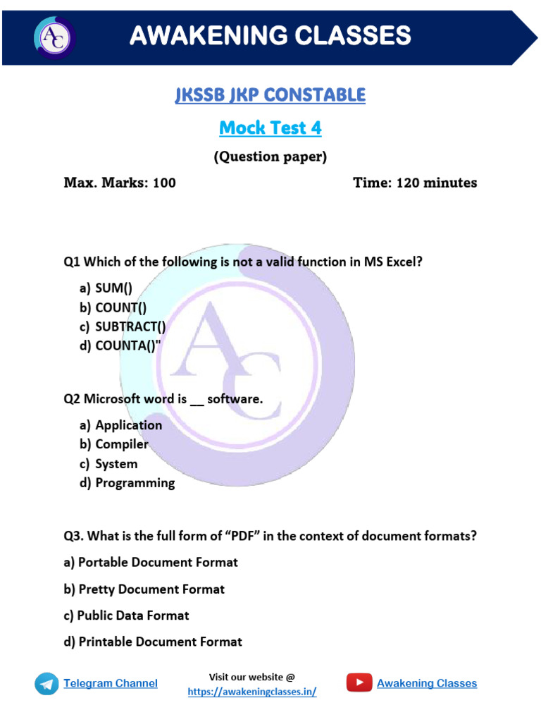 Mock Test 4 Jkp Constable | PDF | Software | Kashmir