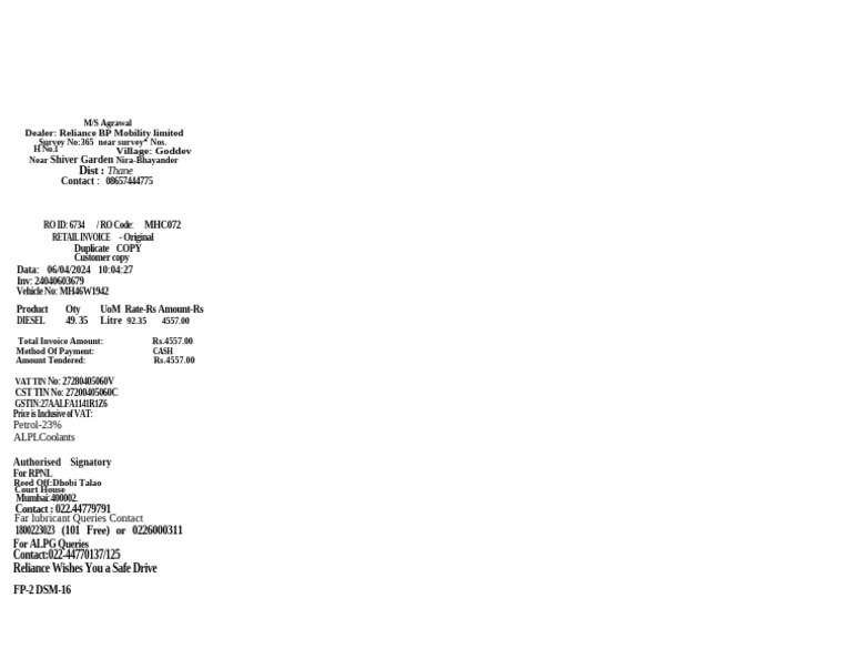 Fuel Invoice Format | PDF