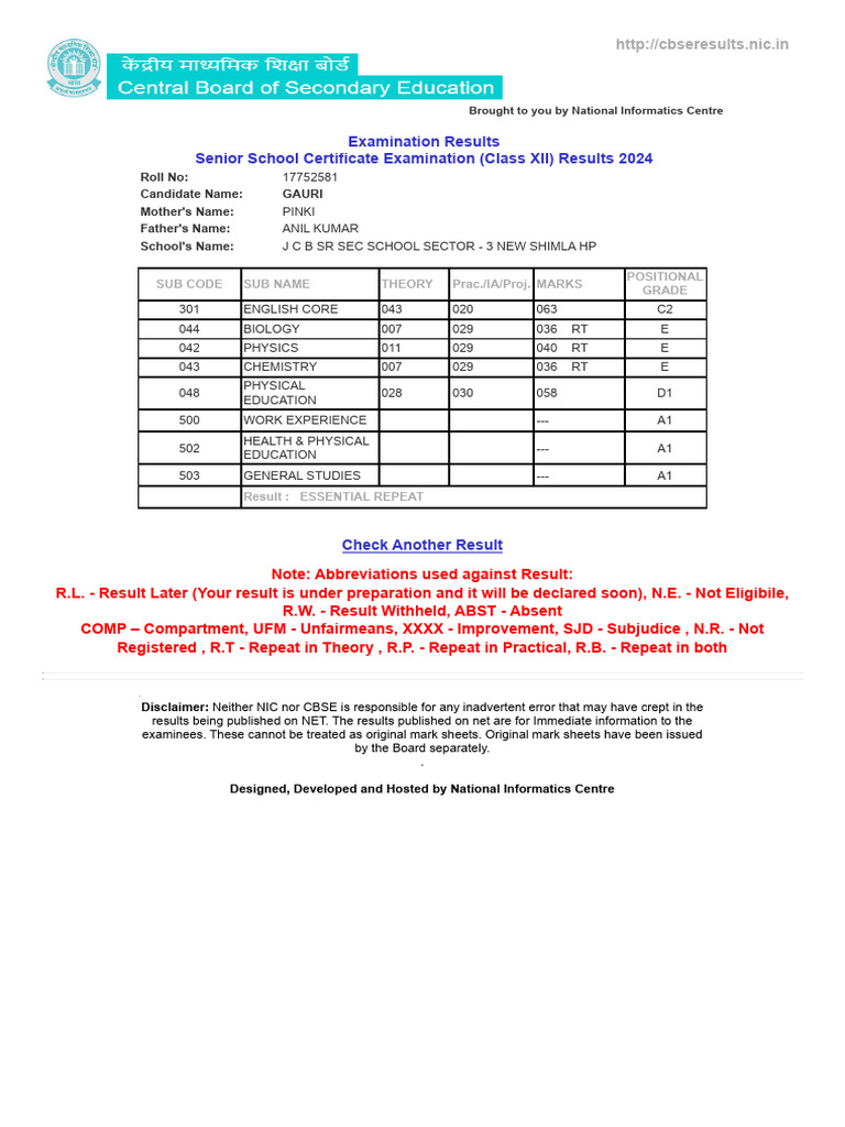 CBSE - Senior School Certificate Examination (Class XII) Results 2024 | PDF