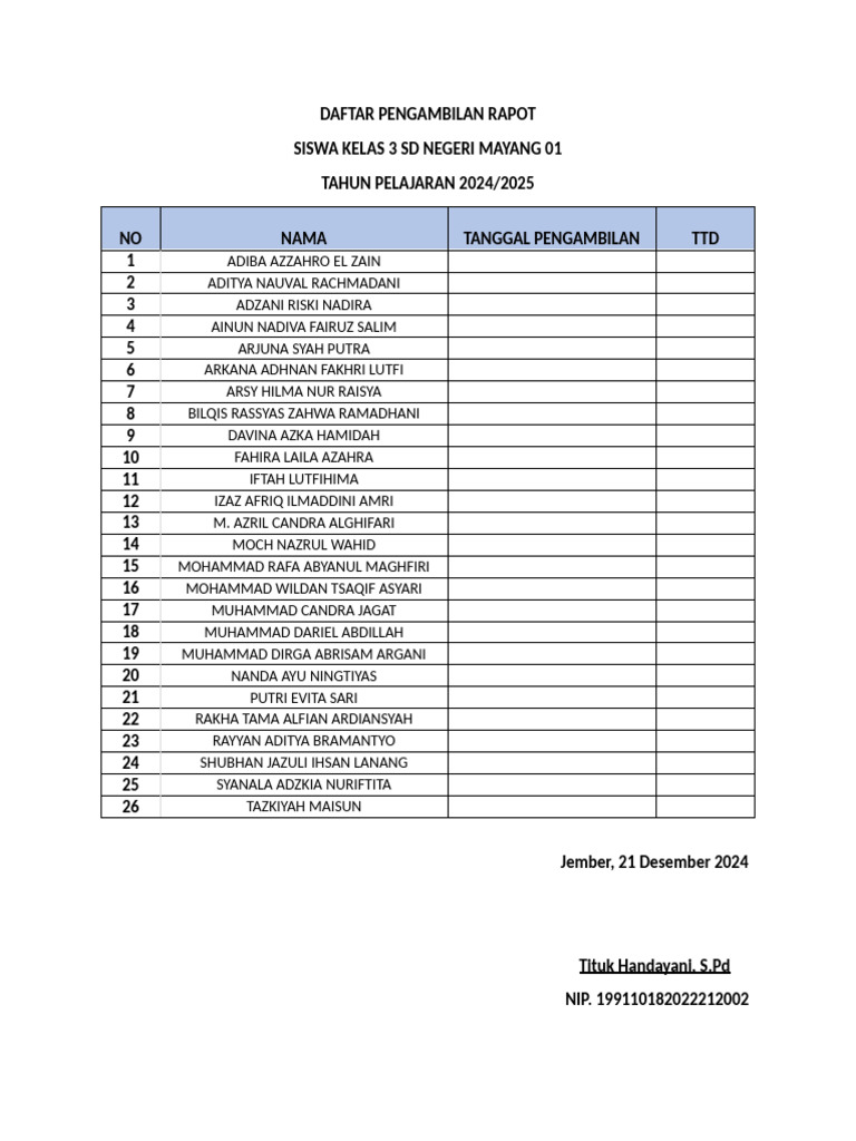 Daftar Pengambilan Rapot | PDF