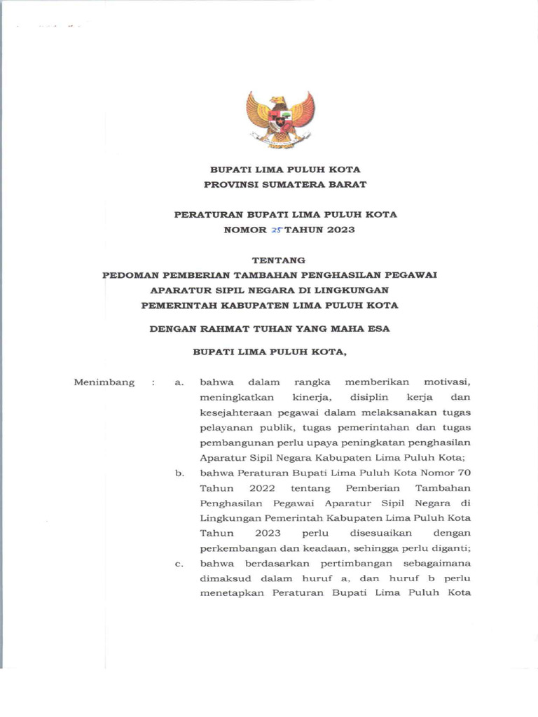 Perbup Pedoman Pembayaran TPP Tahun 2024 Kab Lima Puluh Kota20240321_08420387 | PDF