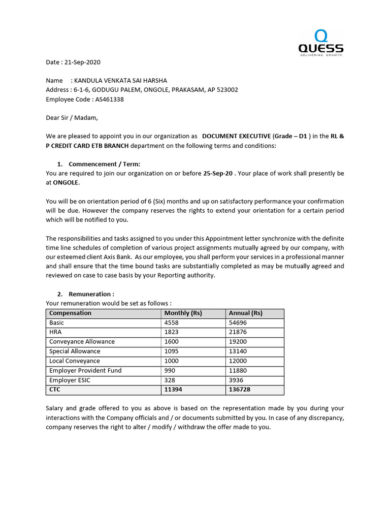Offer Letter Quess Crop AS461338 | PDF | Employment | Justice