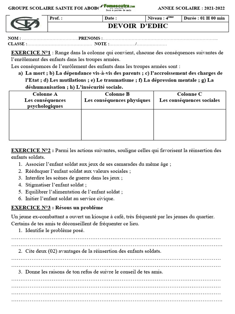 Devoir EDHC N°1 4ème M. ASSOA | PDF