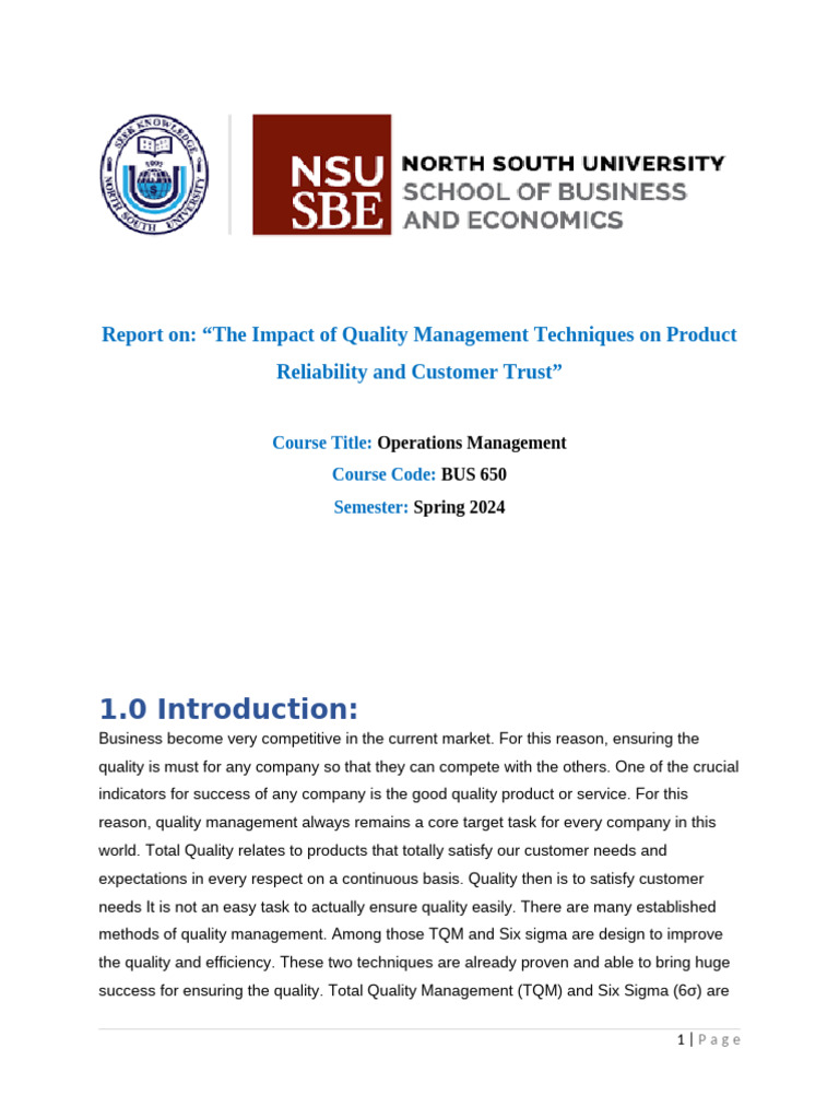 BUS 650 Report On The Impact of Quality Management Techniques On ...