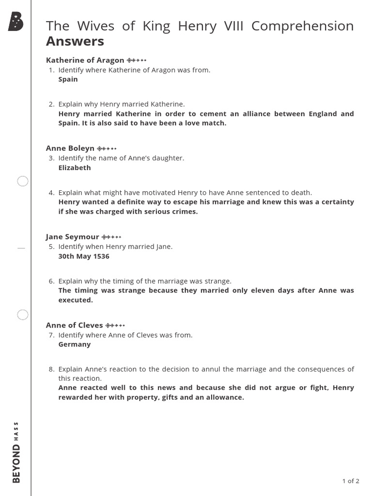 The Wives of King Henry VIII Comprehension-Answers | PDF