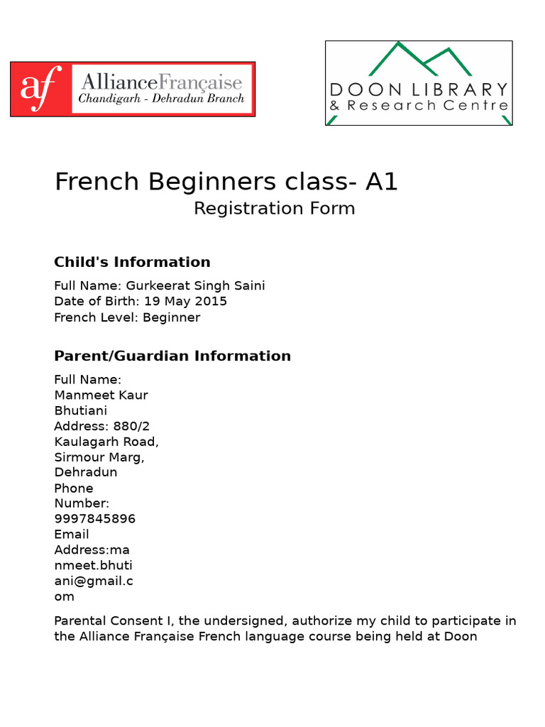 French Class for Kids Registration | PDF