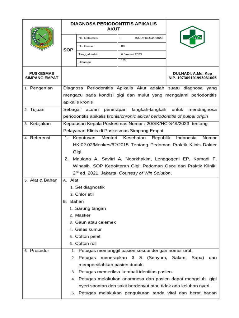 Sop Diagnosa Periodontitis Apikalis Kronis | PDF