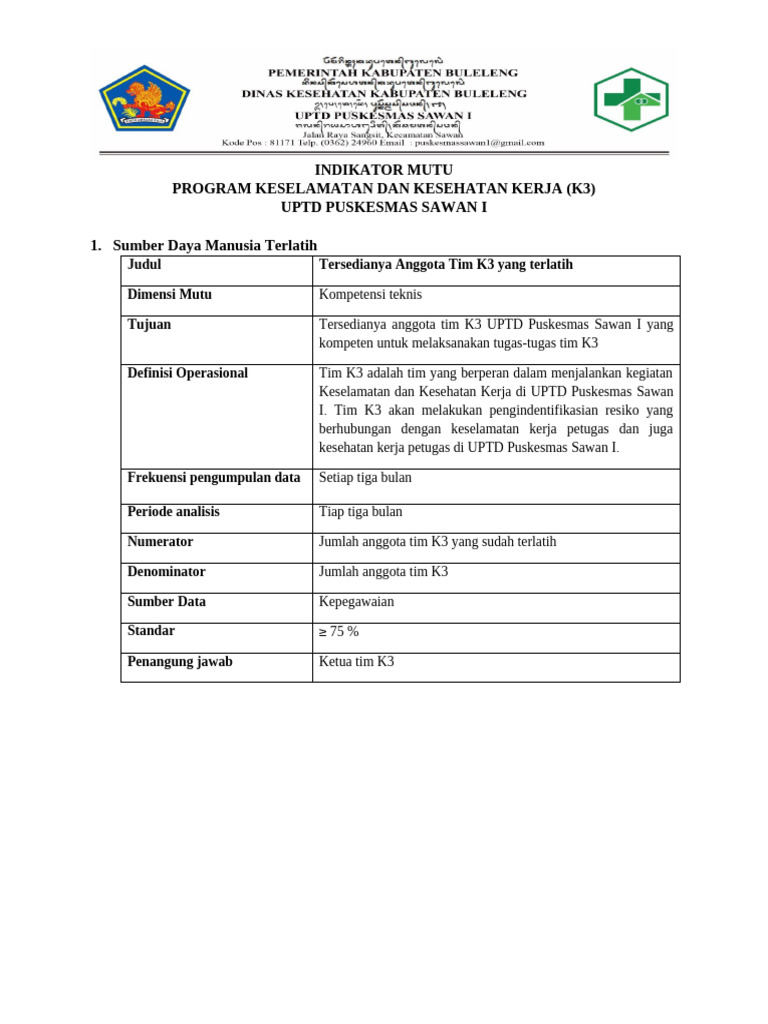 Indikator Mutu K3 Puskesmas Sawan I | PDF
