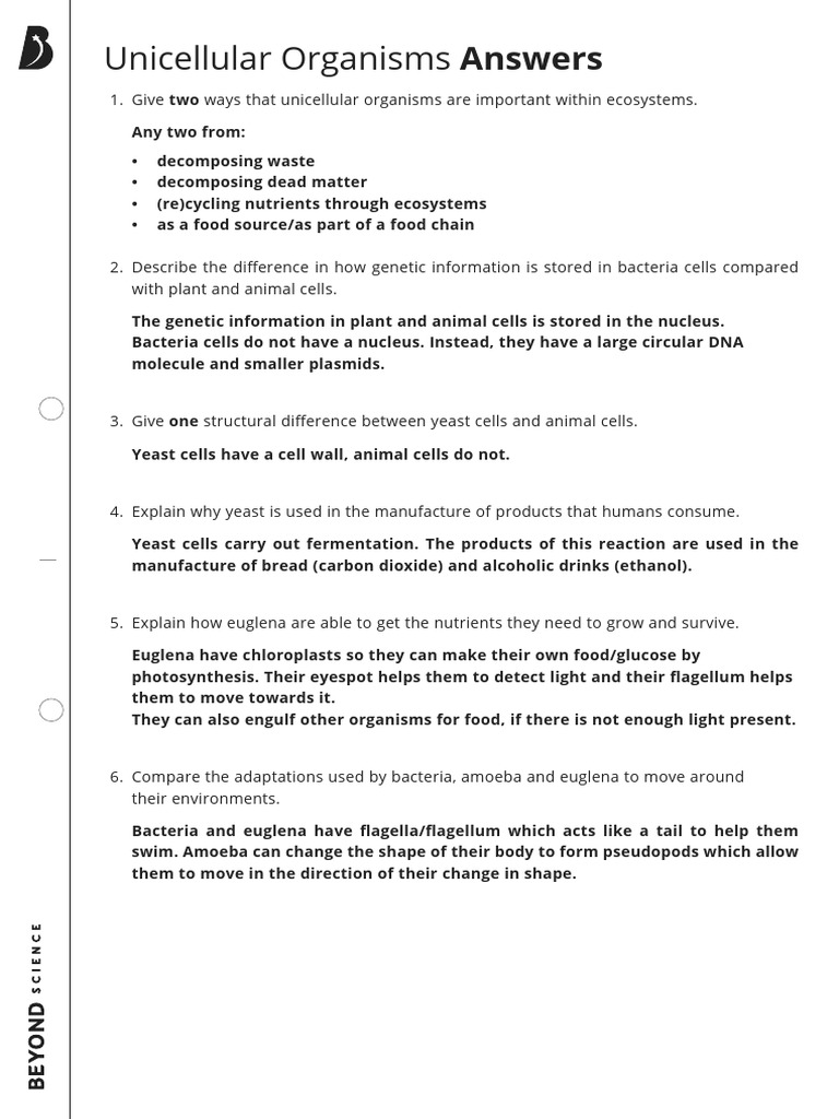 Unicellular Organisms: Key Concepts and Answers | PDF