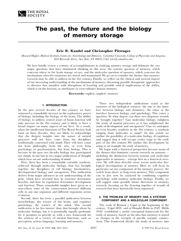 Zeki Et Al 1999 the Past the Future and the Biology of Memory Storage ...