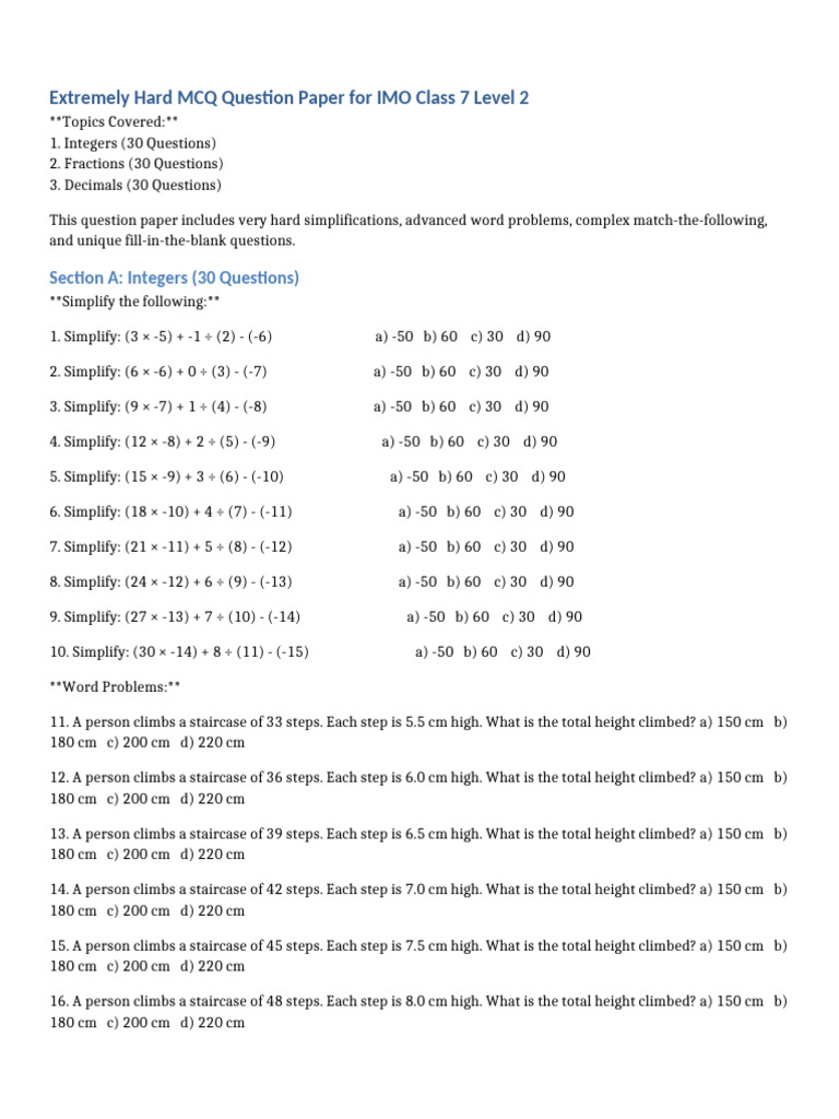 Updated Hard IMO Level 2 Question Paper Class 7 | PDF | Integer ...