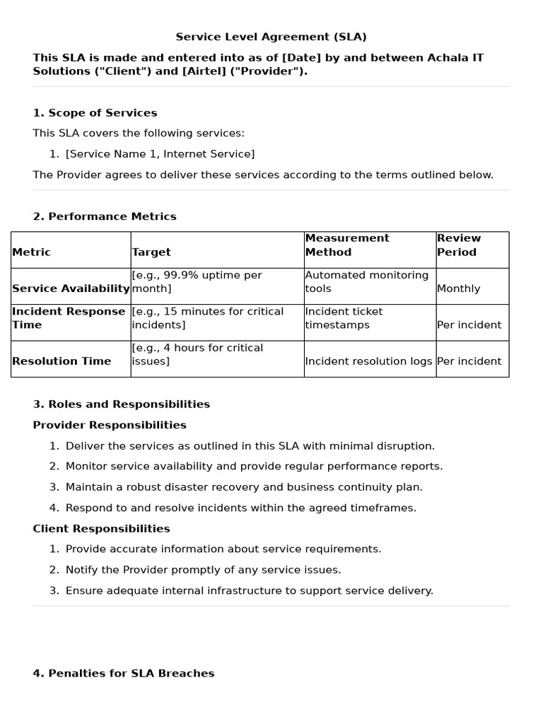 Service Level Agreement for IT Services | PDF | Service Level Agreement ...