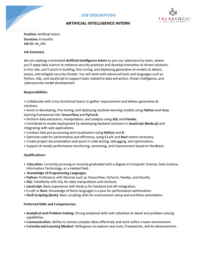 Artificial Intelligence Internship - JD | PDF