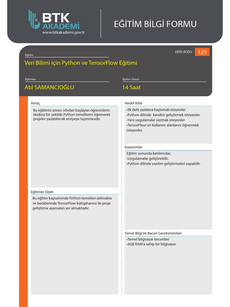 Veri Bilimi Icin Python Ve Tensorflow Egitim Bilgi Formu | PDF