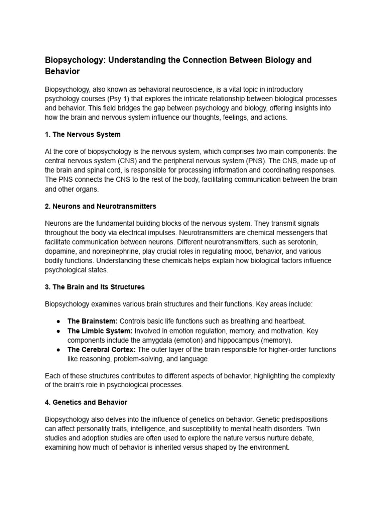 Psychology 1 Biopsychology Understanding the Connection Between Biology ...