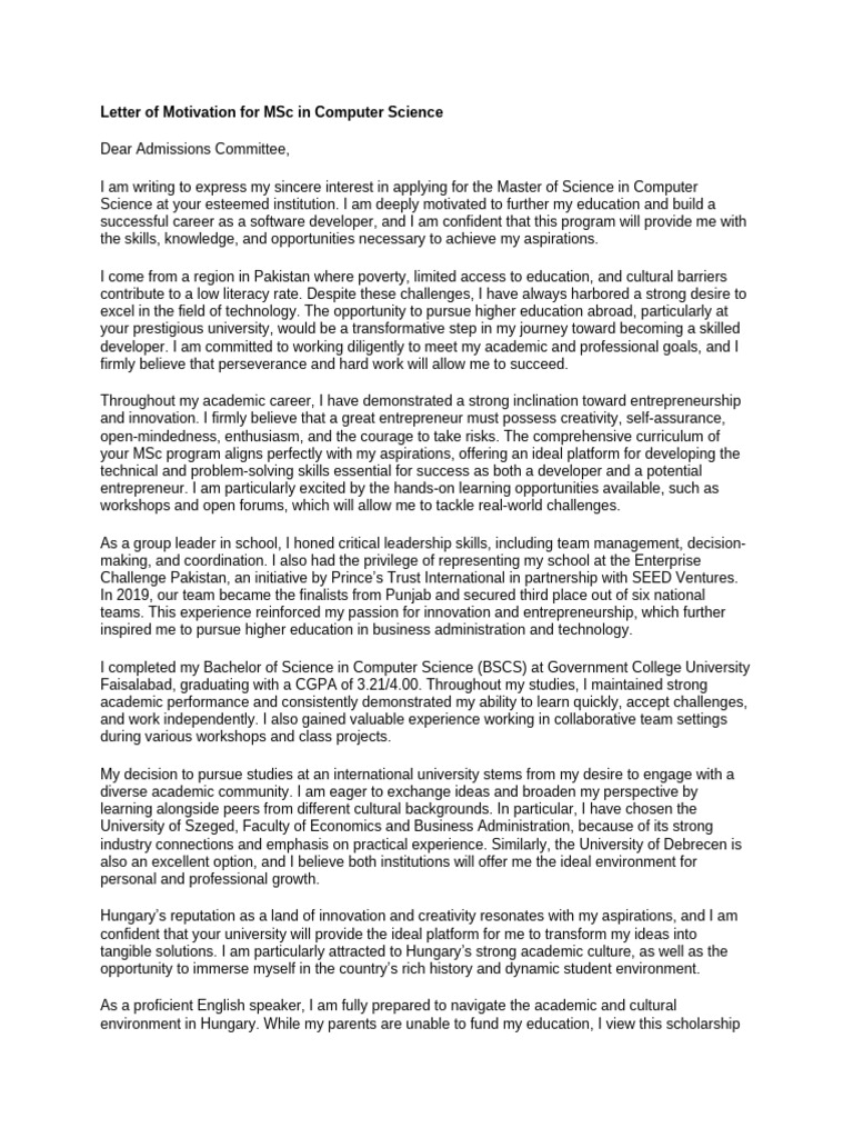 Letter of Motivation For MSC in Computer Science | PDF ...