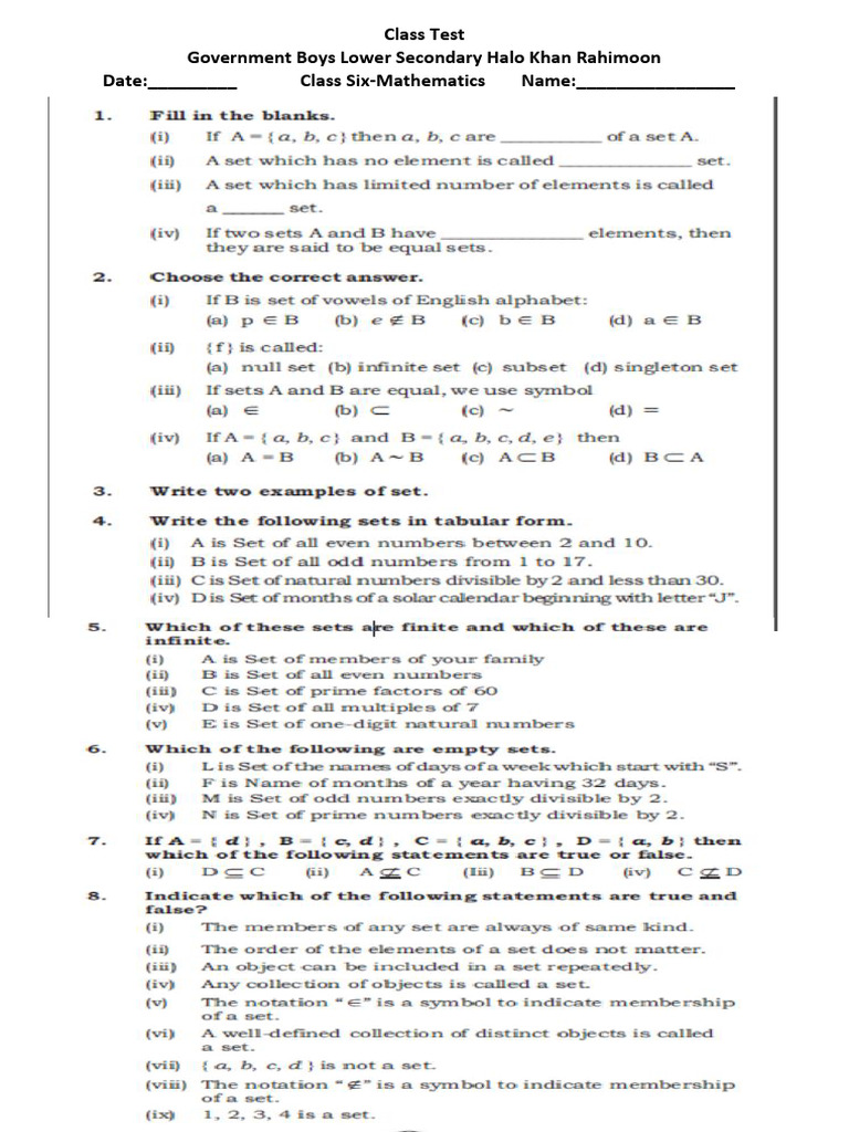 Class Six Mathematics Test Paper | PDF