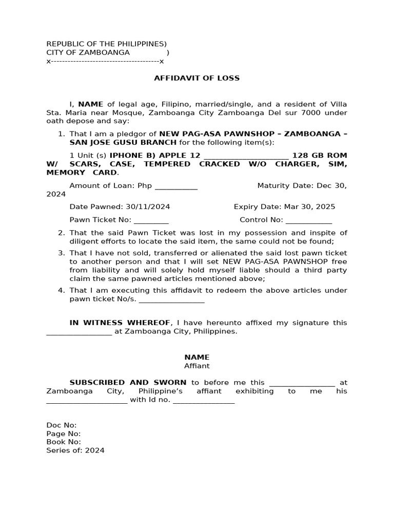 Affidavit of Loss for Pawn Ticket | PDF