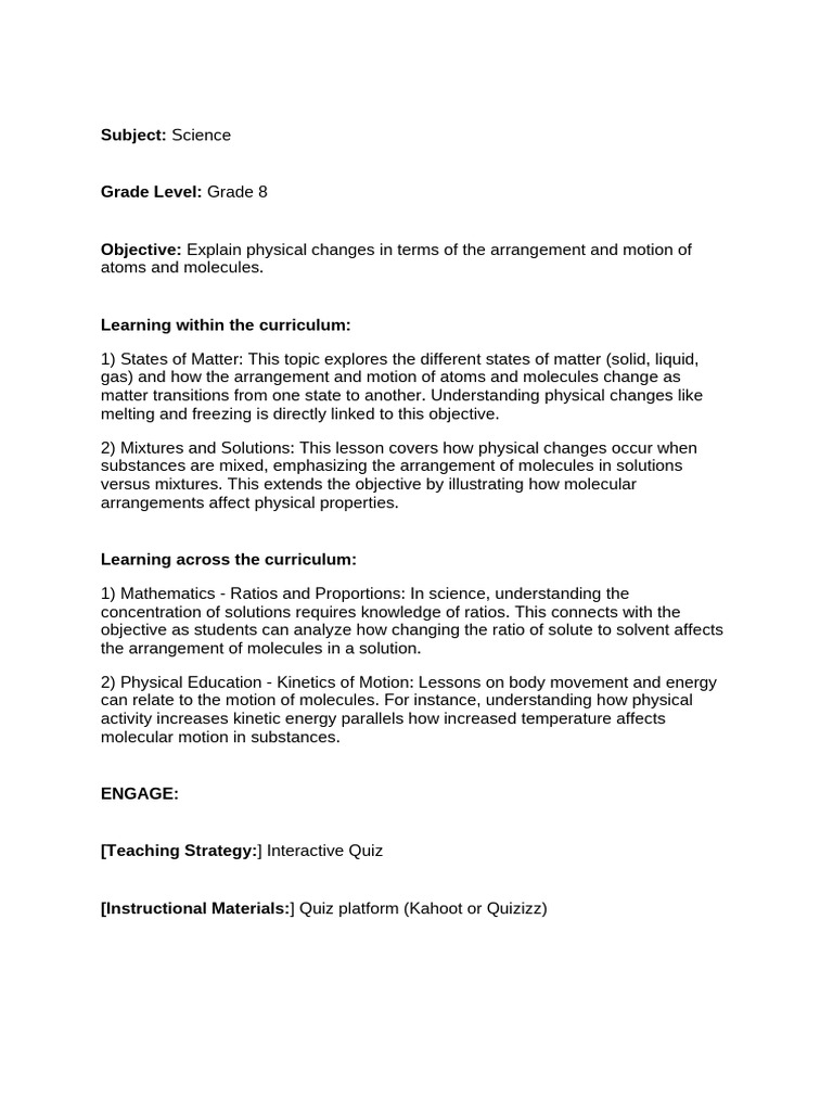 Lesson Plan (1) | PDF | Molecules | Gases