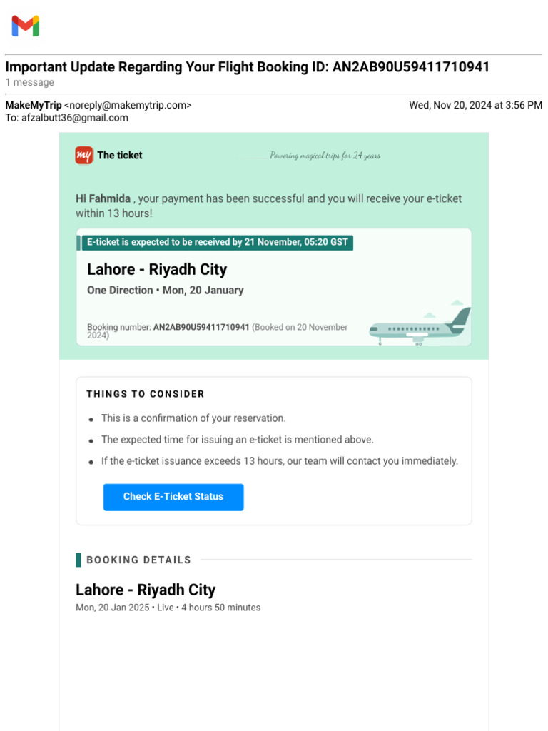 Flight Booking Confirmation: Lahore to Riyadh | PDF | Travel Visa ...