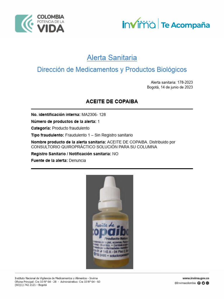 Alerta Sanitaria_178-2023_aceite de Copaiba | PDF | Medicamentos con receta