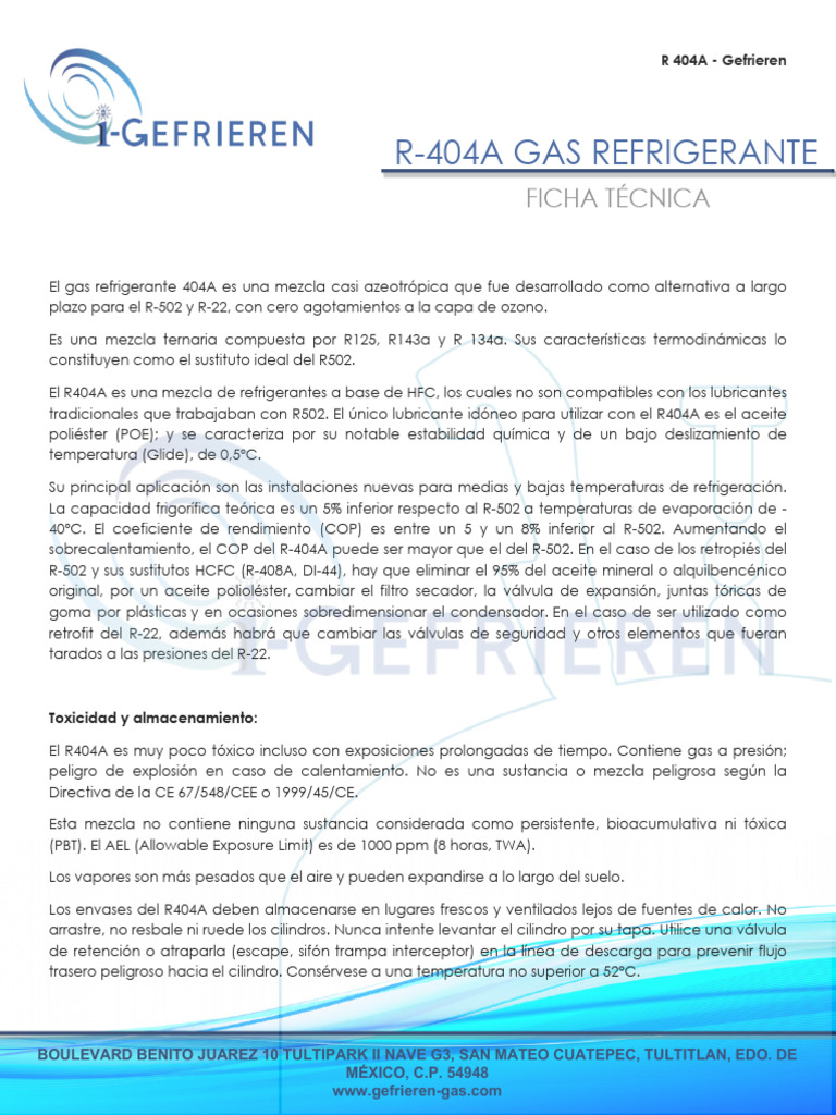 R-404A Gas Refrigerante: Ficha Técnica | PDF | Vapor | Refrigerante