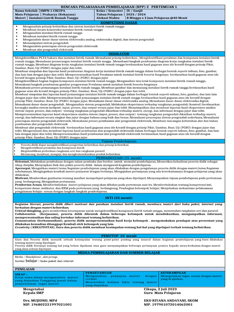 RPP 2 Prinsip Kelistrikan dan Sistem Instalasi Listrik revisi | PDF