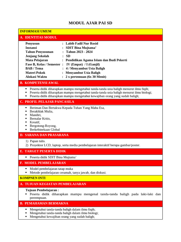 Modul Ajar Pai SD Kelas 4 - Labib Fadil | PDF