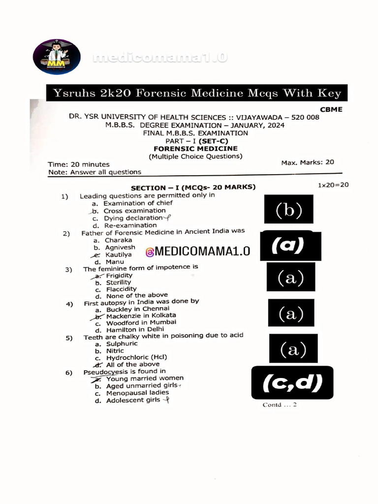 Ntruhs 2K20 Regular Forensic MCQS With Key | PDF