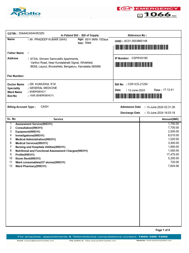 Patient Bill for Pradeep Kumar Sahu | PDF | Hospital | Public Services