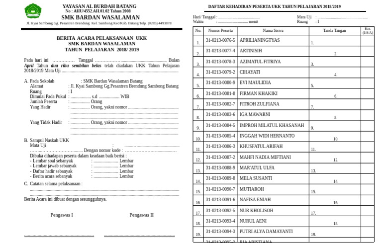 Berita Acara Dan Absen UKK Ak | PDF