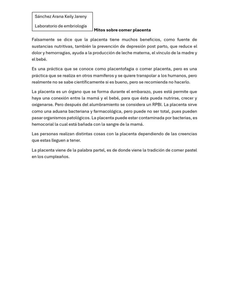 Mitos sobre la placentofagia en humanos | PDF
