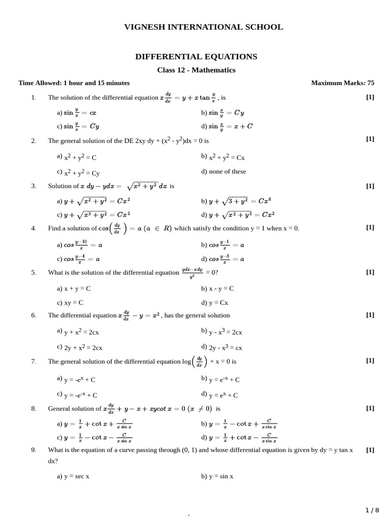 Differential Equations MCQ'S | PDF | Mathematical Physics | Teaching ...