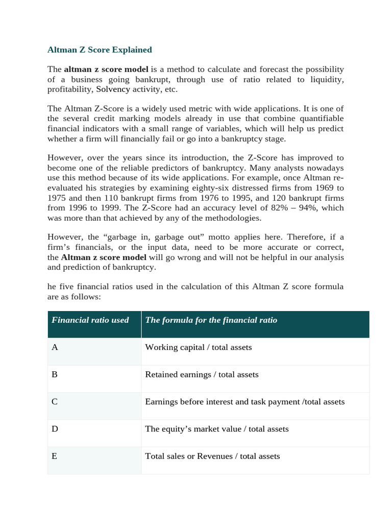 Altman Z Score Explained | PDF | Value At Risk | Financial Risk