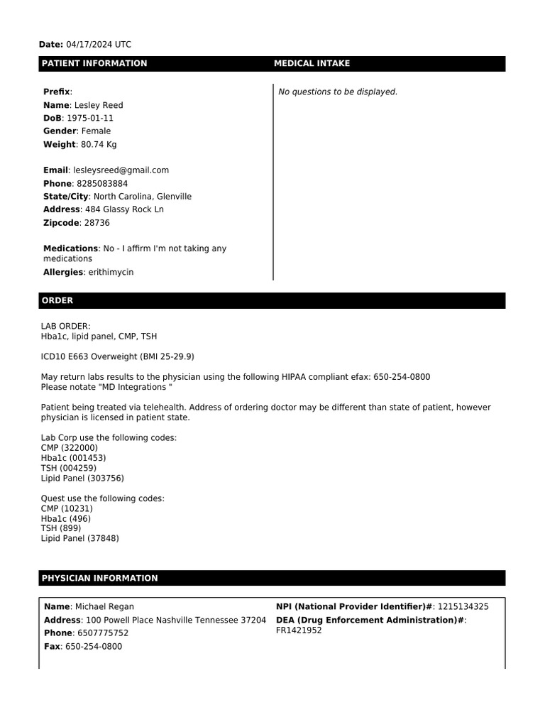 Lab Order for Lesley Reed's Tests | PDF