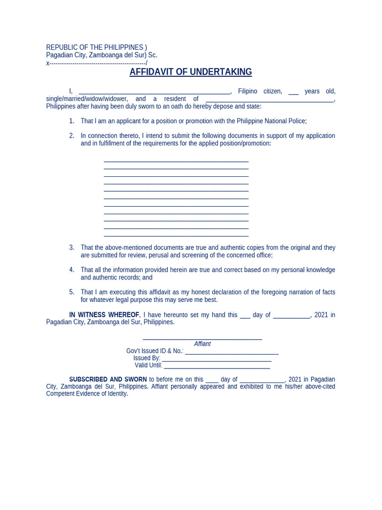Affidavit of Undertaking for PNP Application | PDF | Affidavit | Legal ...