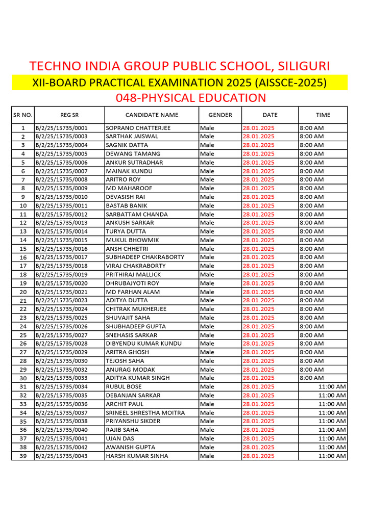Physical Education-Board Prac 2025 Date Sheet | PDF