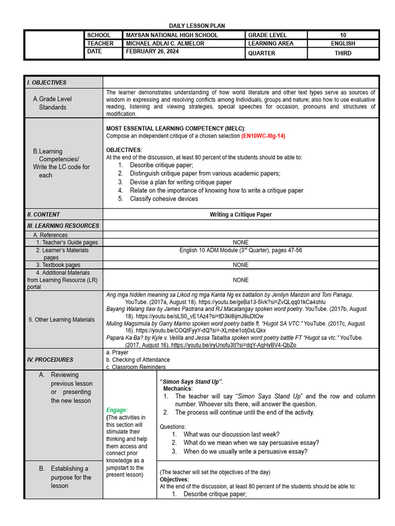 Lesson Plan Sample (Grade 10) | PDF | Learning | Concept