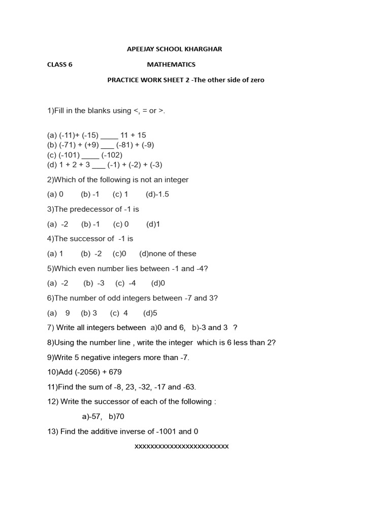 CLASS 6 THE OTHER SIDE OF ZERO WORK SHEET 2pdf | PDF