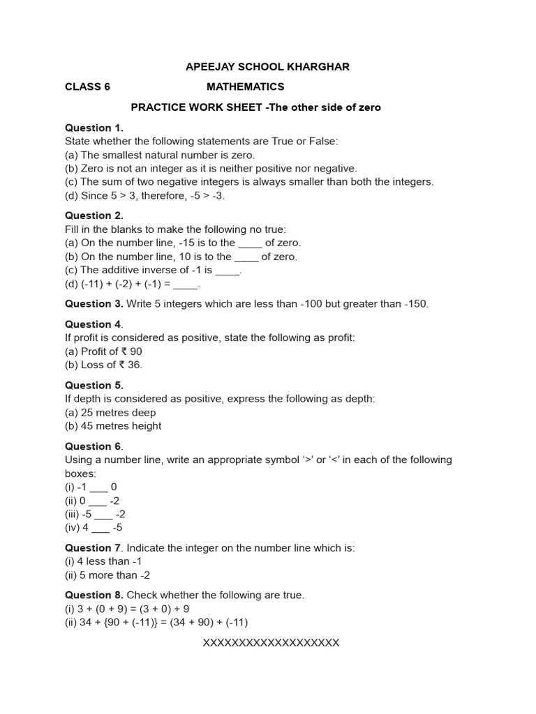 Class 6 The Other Side of Zero Work Sheet 1 PDF | PDF