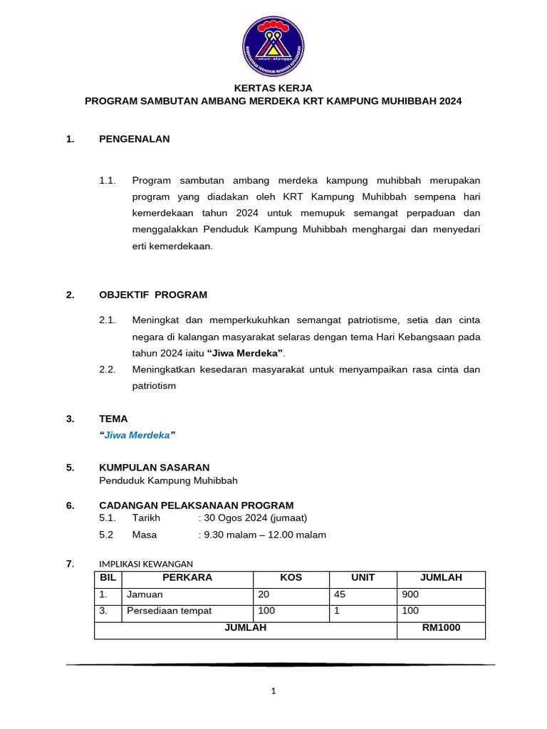 KERTAS KERJA ambang MERDEKA 2024-KRT muhibbah | PDF