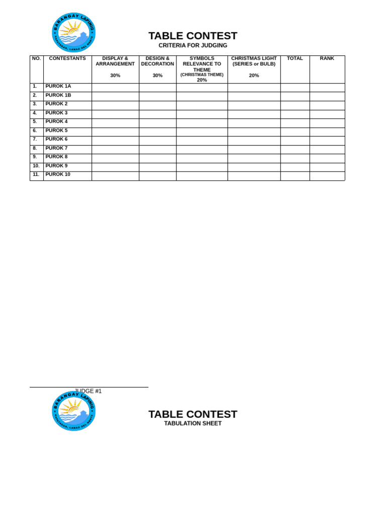 Table Contest Criteria For Judging & Tabulation Sheet | PDF