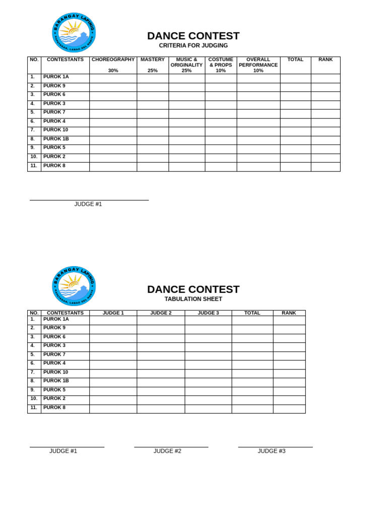 Dance Contest Criteria For Judging & Tabulation Sheet | PDF
