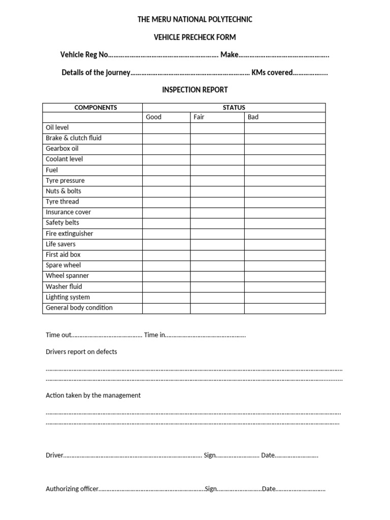 Meru Poly Vehicle Precheck Form | PDF