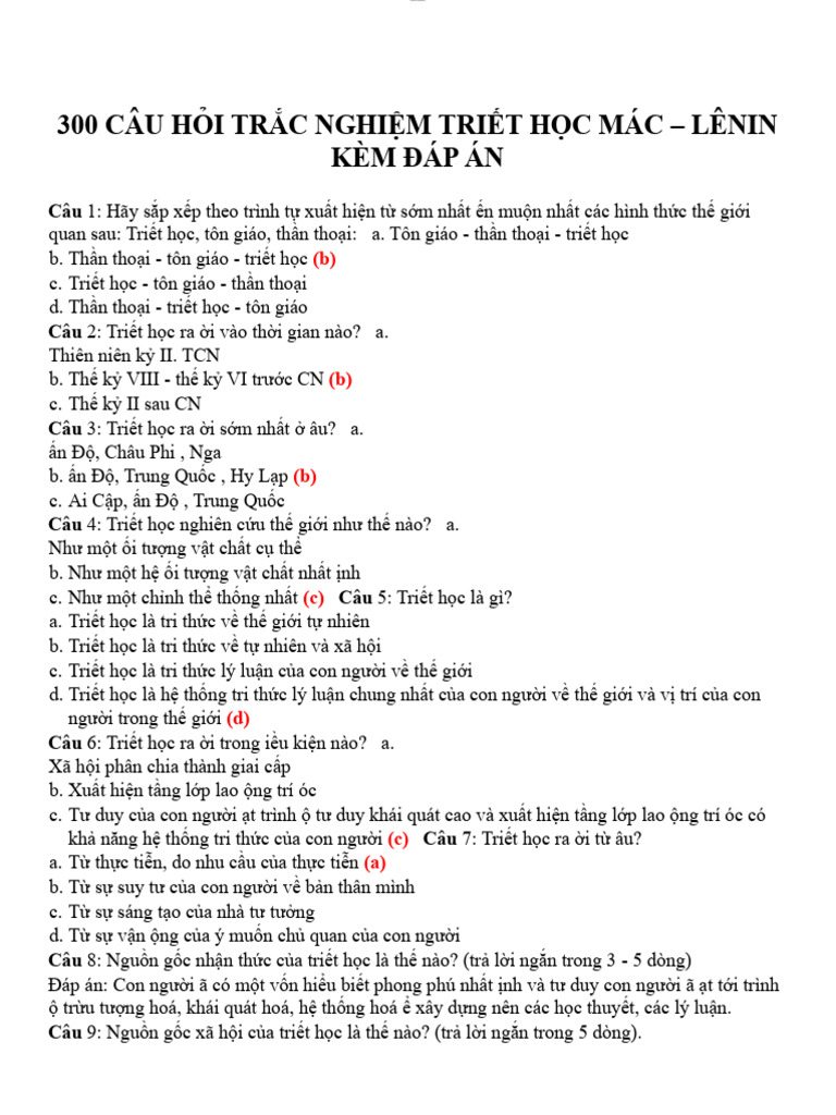 300 Cau Hoi Trac Nghiem Triet Hoc Mac Lenin Kem Dap An 123104 | PDF