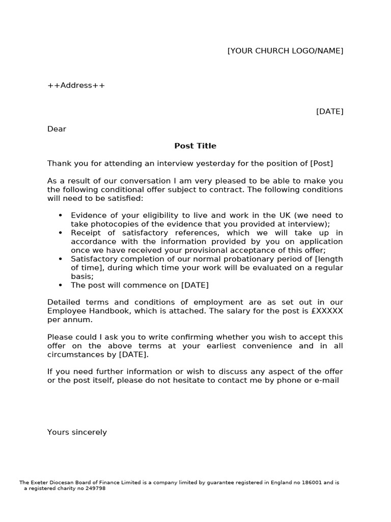 Conditional Job Offer Letter Template | PDF