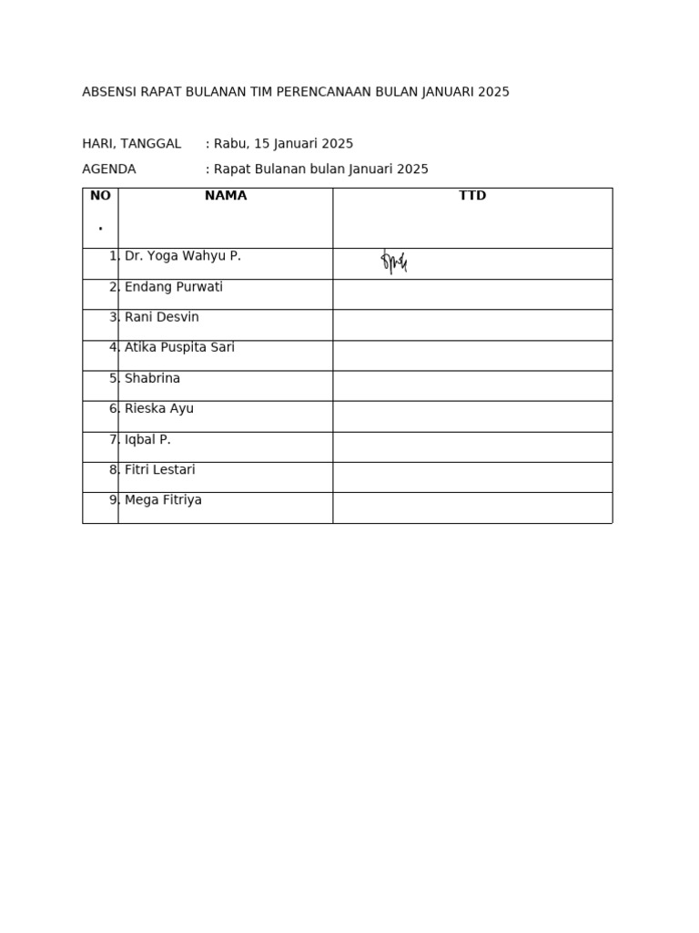 Absensi Rapat Bulanan Tim Perencanaan Bulan Desember 2024 | PDF