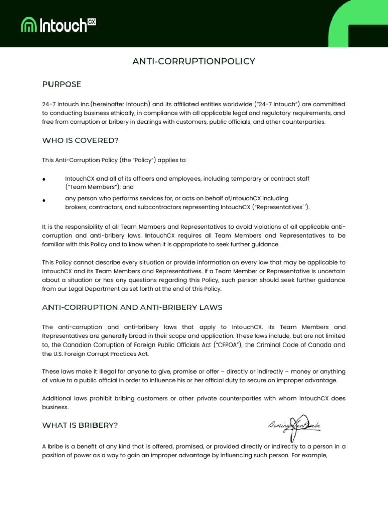 IntouchCX Anti-Corruption Policy | PDF | Bribery | Business