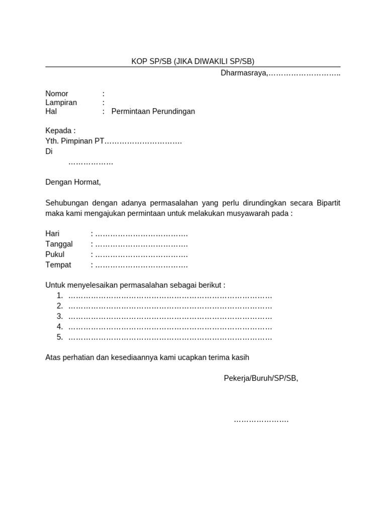 Contoh Permintaan Perundingan Ke Perusahaan Secara Tertulis | PDF