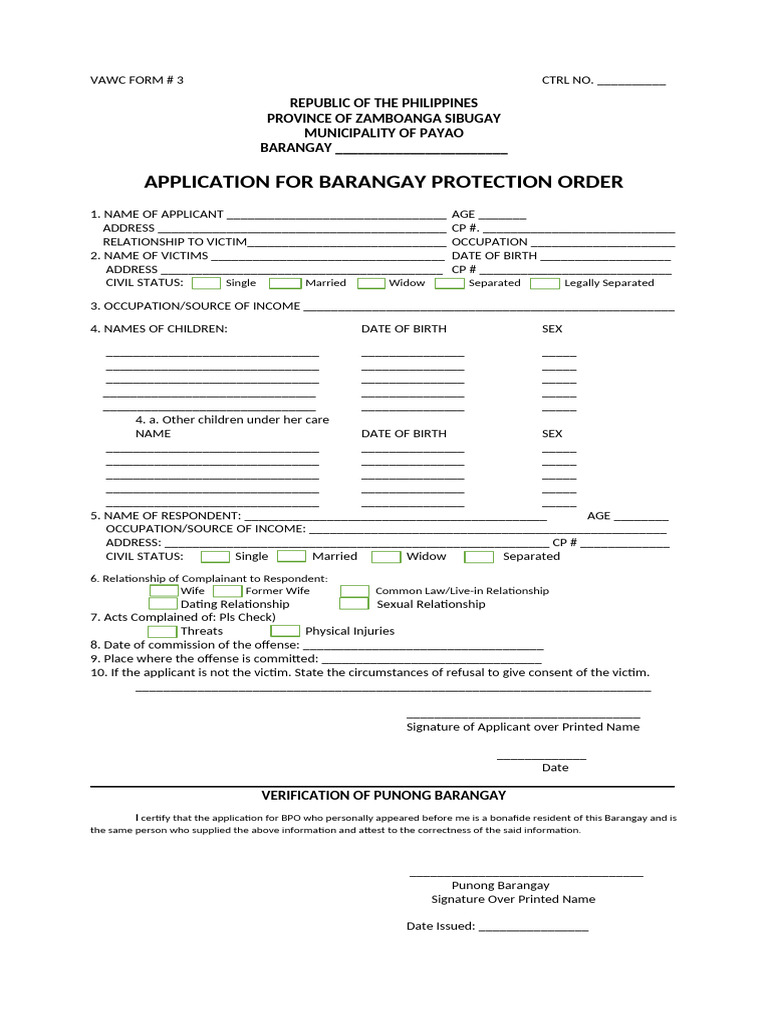 Barangay Protection Order Application | PDF | Sex And The Law | Sexual ...